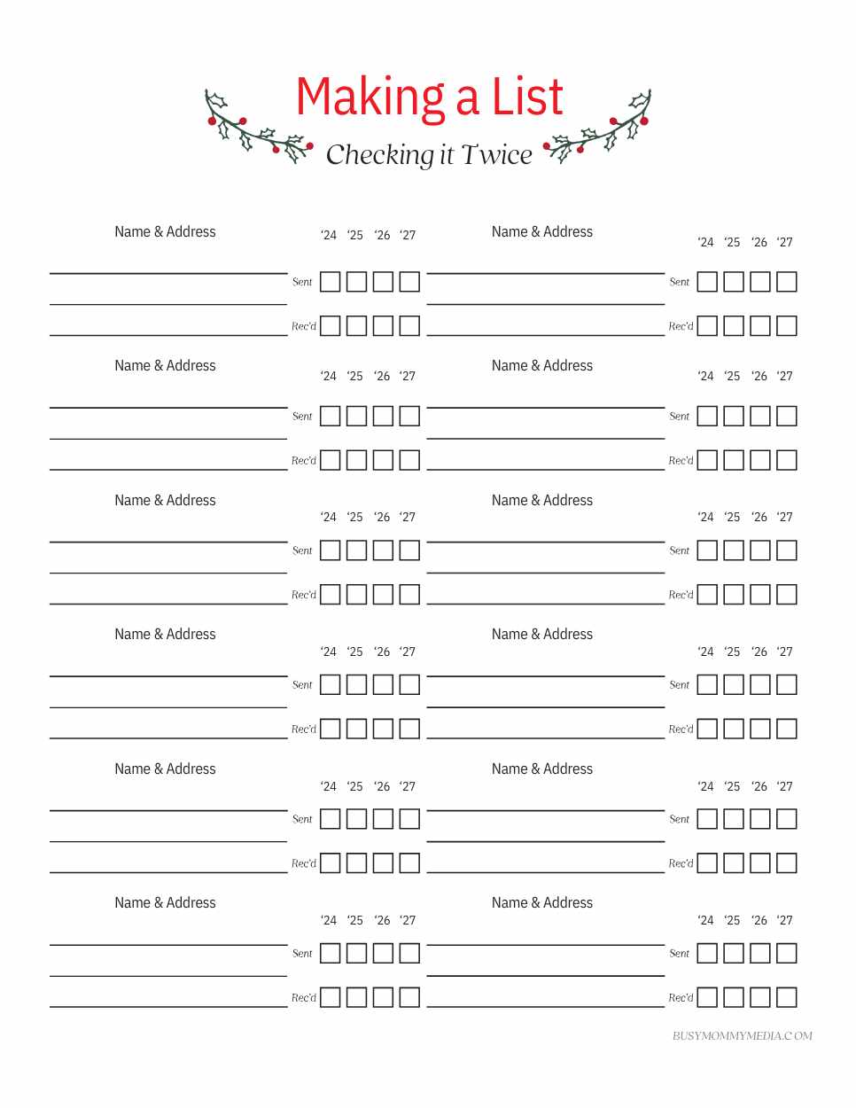 Free Printable Christmas Card Address List